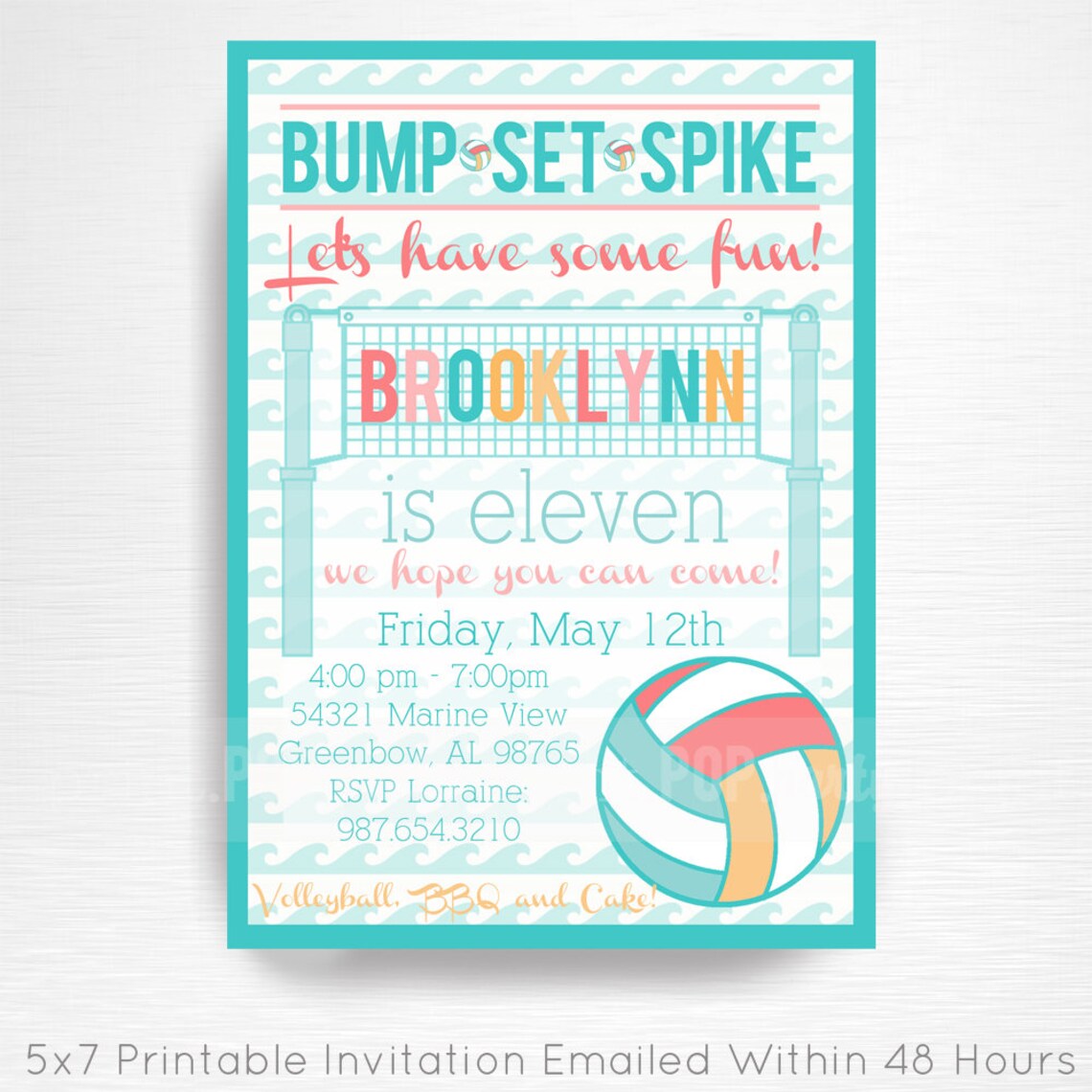 Volleyball Birthday Party Printable Invitation YOU Print Pink | Etsy