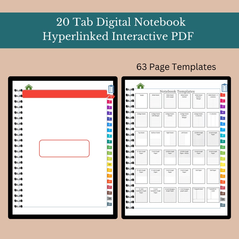 20-tab Digital Notebook: Interactive PDF With 63 Page Templates ...