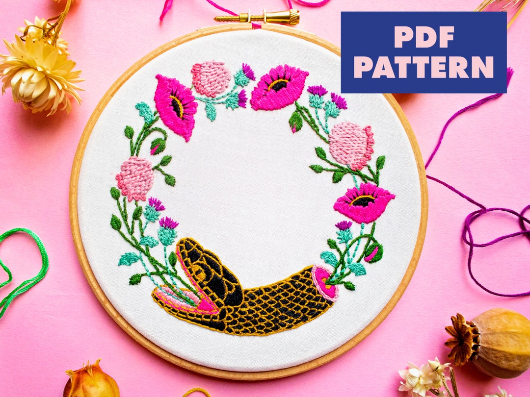 Snake Embroidery Pattern, Folklore Ouroboros Embroidery Design, Modern ...