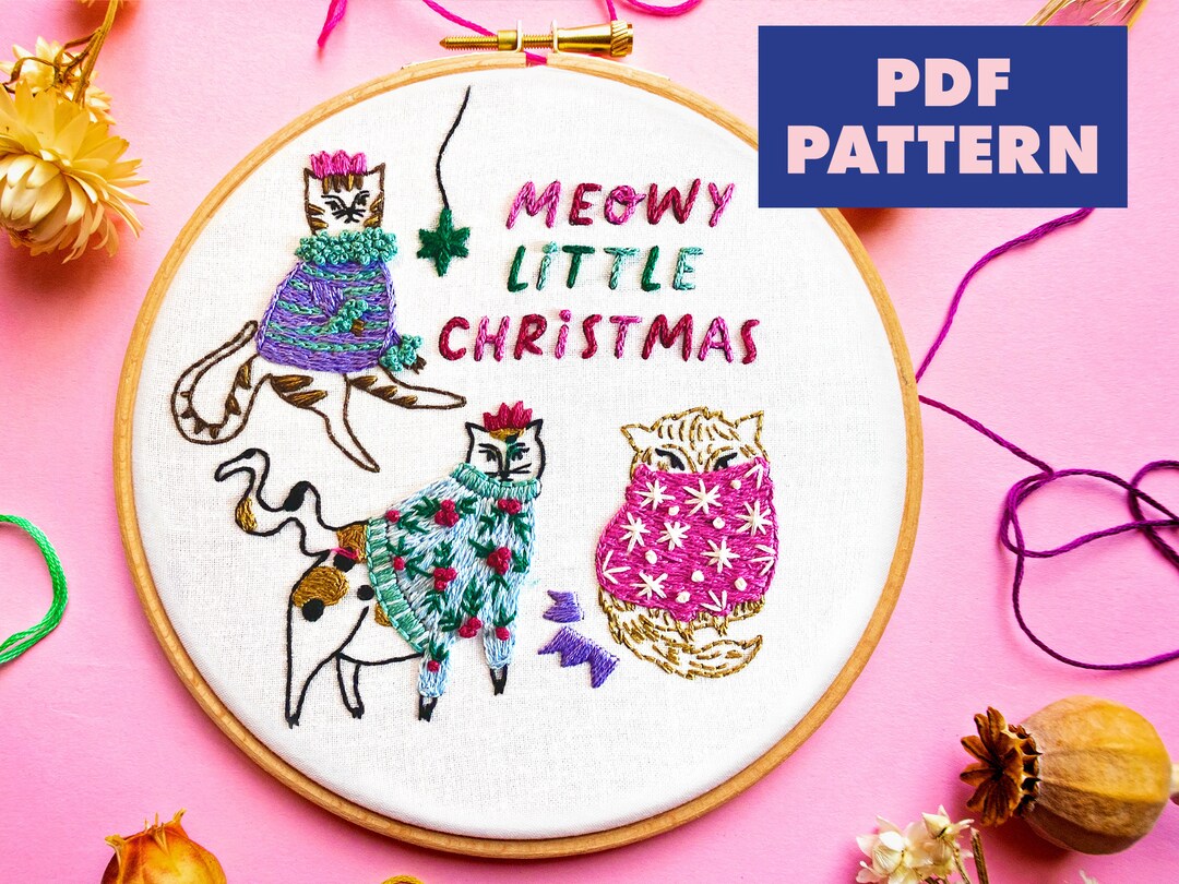 Christmas Cats Beginners Embroidery Pattern, Cute Festive Embroidery ...