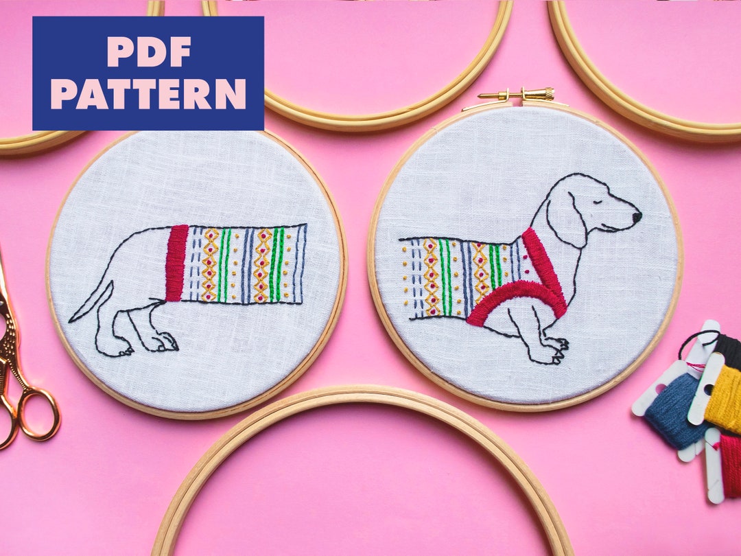 Dog Embroidery Pattern, Sausage Dog Hand Embroidery, Modern Dachshund ...