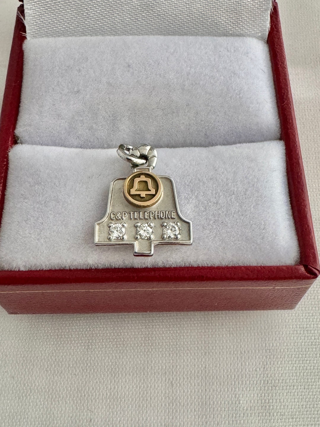 10K Solid Gold 3 Genuine Diamond's Charm Service Award White Gold Bell ...