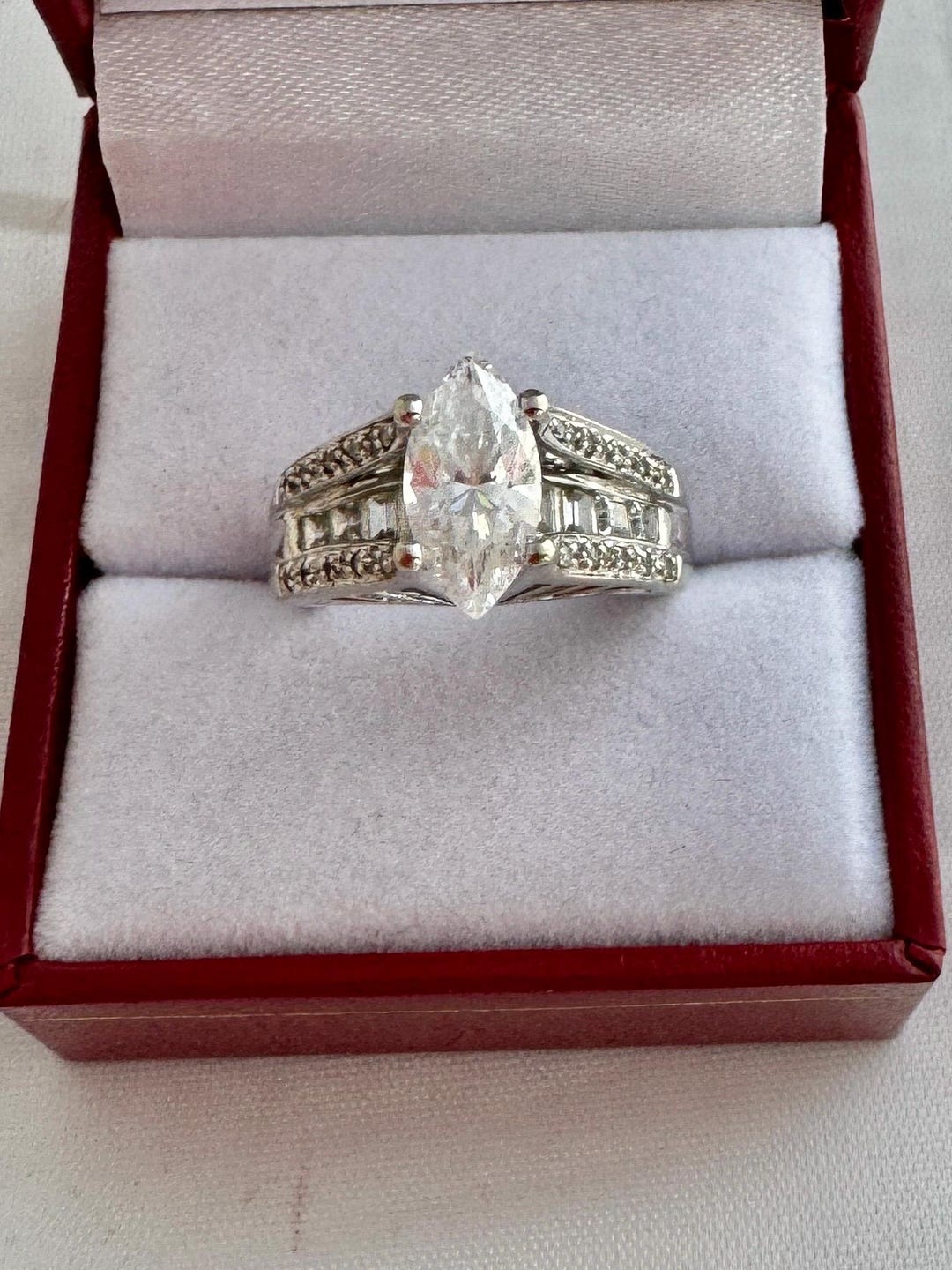 14K Solid White Gold Fancy Marquise Cubic Zirconia CZ Designer Meda ...