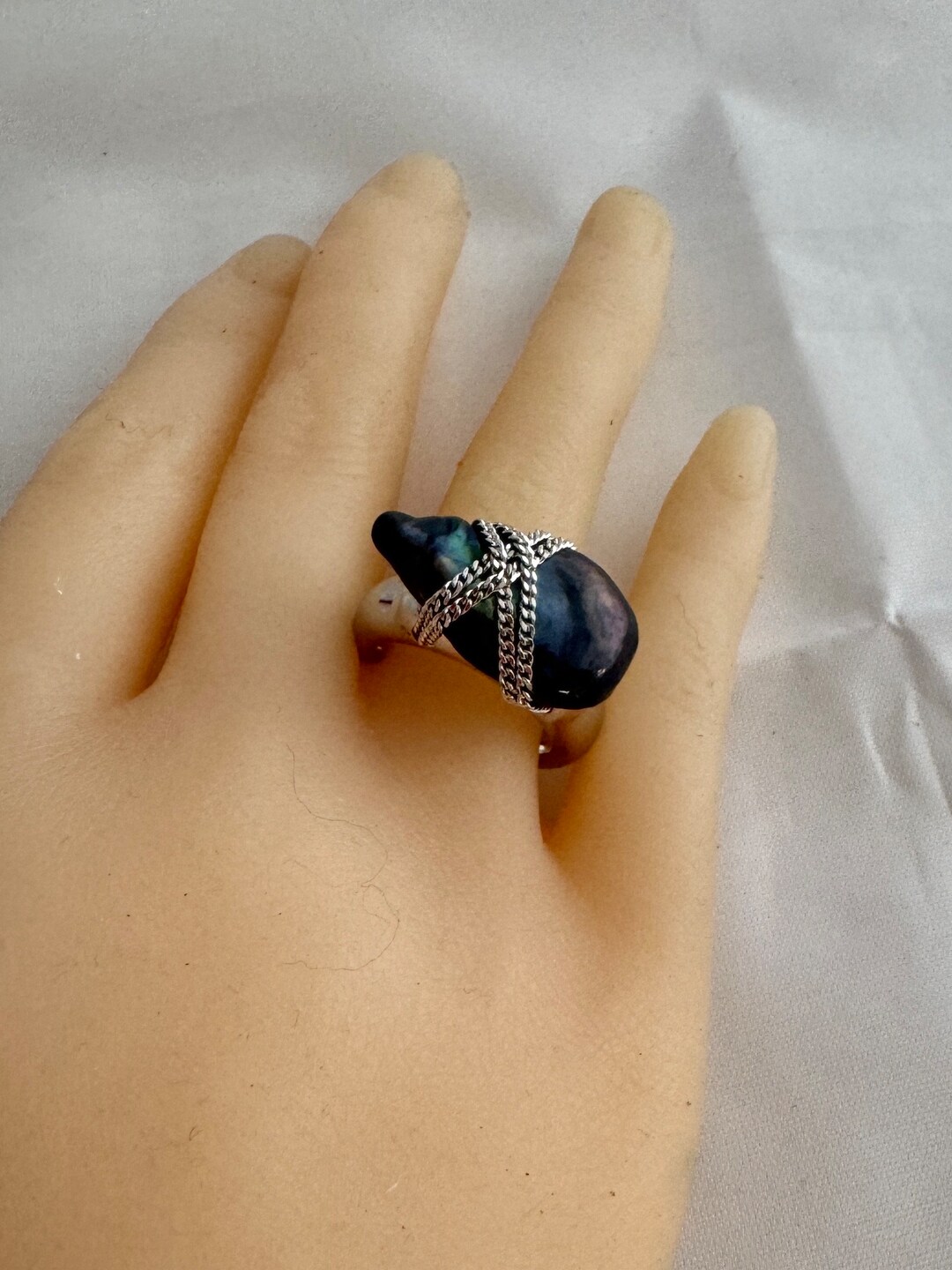Baroque Tahitain Cultured Pearl Honora Criss Cross Chain Unique Ring ...