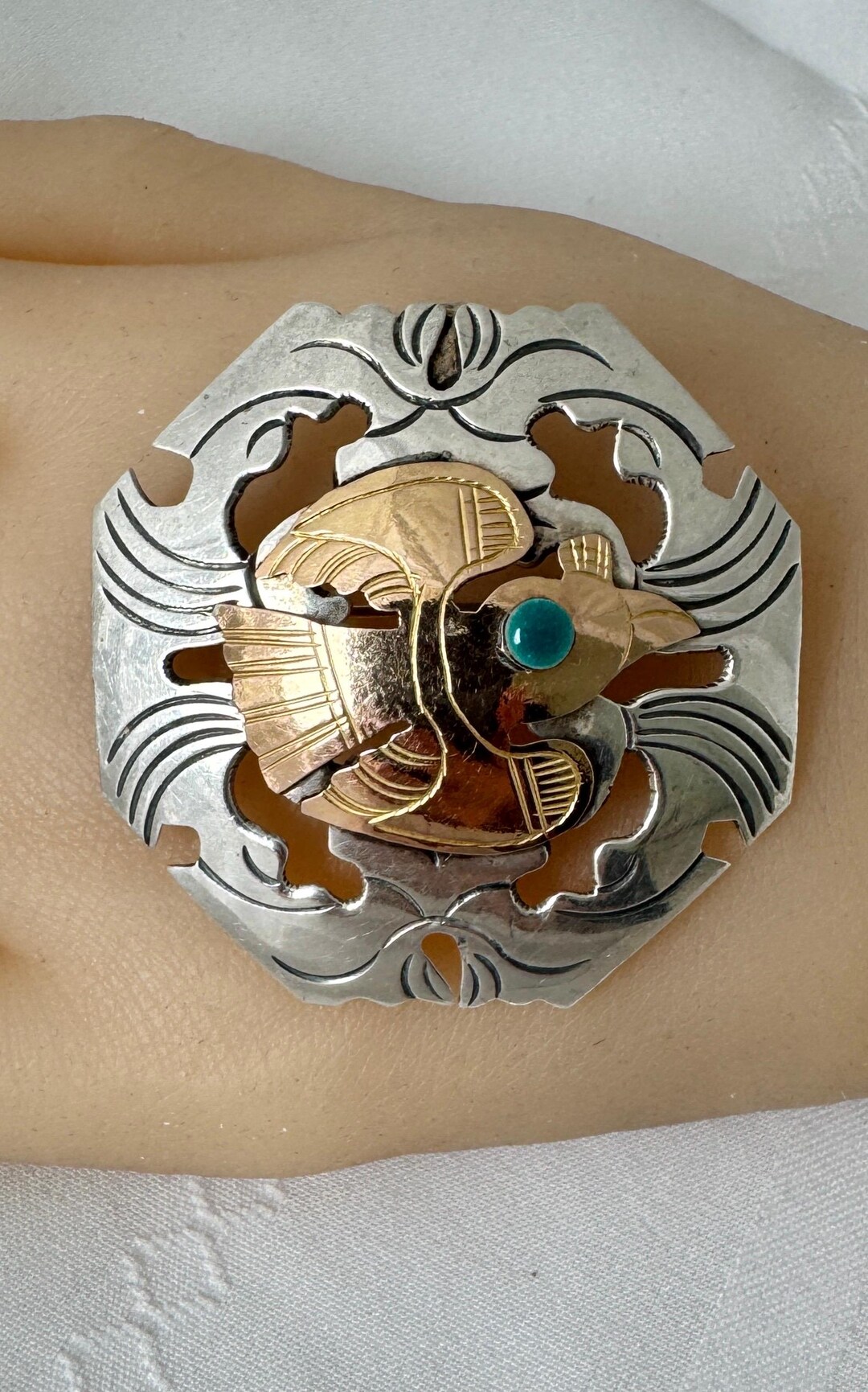 18K Gold Peru Inca God Gold Sterling Silver Pendant Brooch Pin Vintage ...