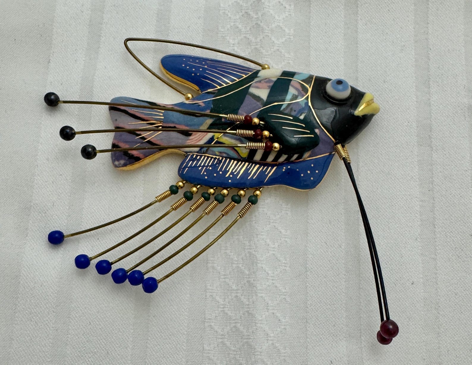 Cynthia Chuang Cricket Zebra Whimsical Blue Gold Enamel Fish Artisan ...