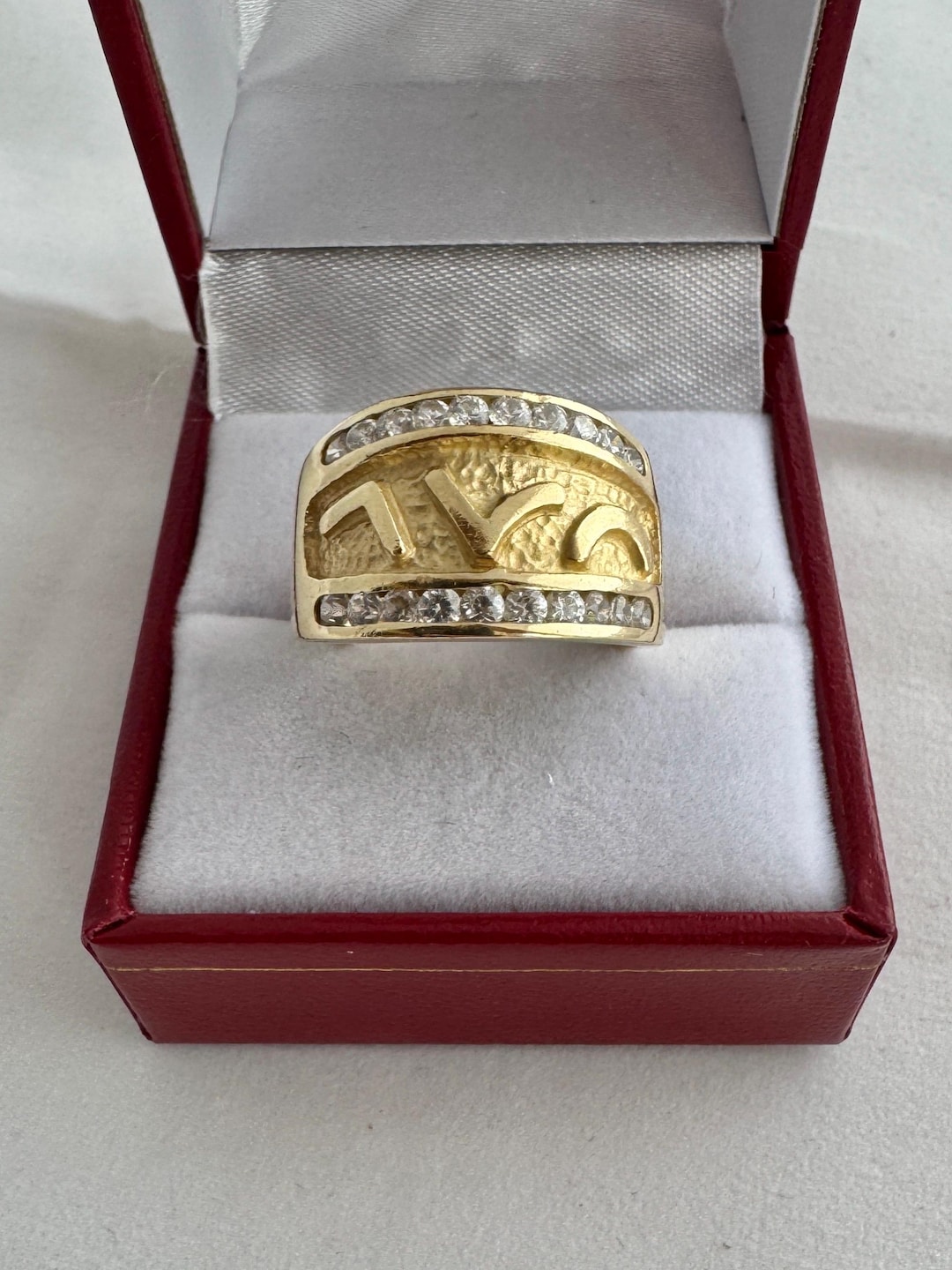 14K Solid Gold Ring Band 20 Clear Stones CZ Border Tapered Band Size 8 ...