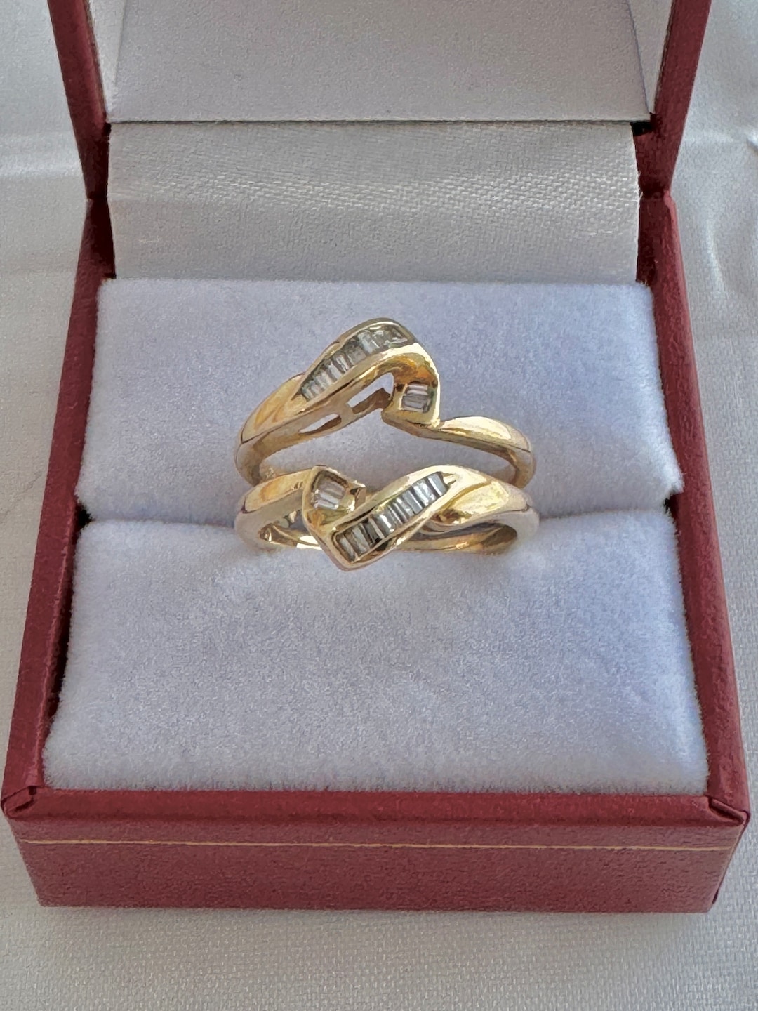 14K Solid Gold 18 Genuine Baguettes Wave Wrap Bridal Wedding Double ...