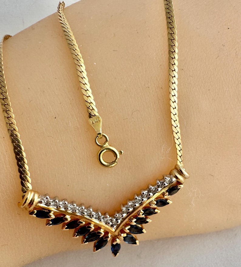 10K Solid Gold 17 Diamonds 13 Marquise Sapphires Gemstones Chevron ...