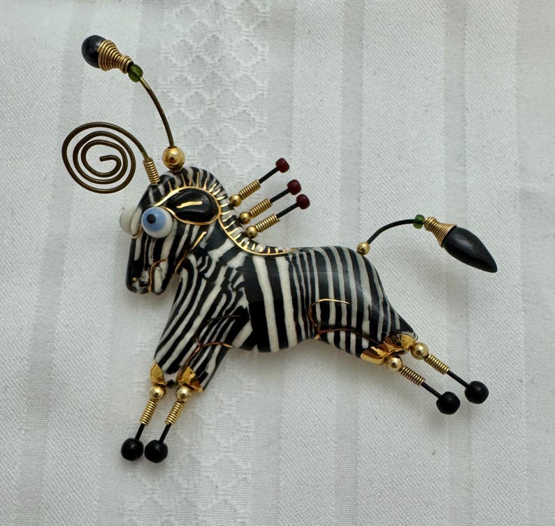 Cynthia Chuang Cricket Zebra Whimsical Blue Gold Enamel Fish Artisan ...