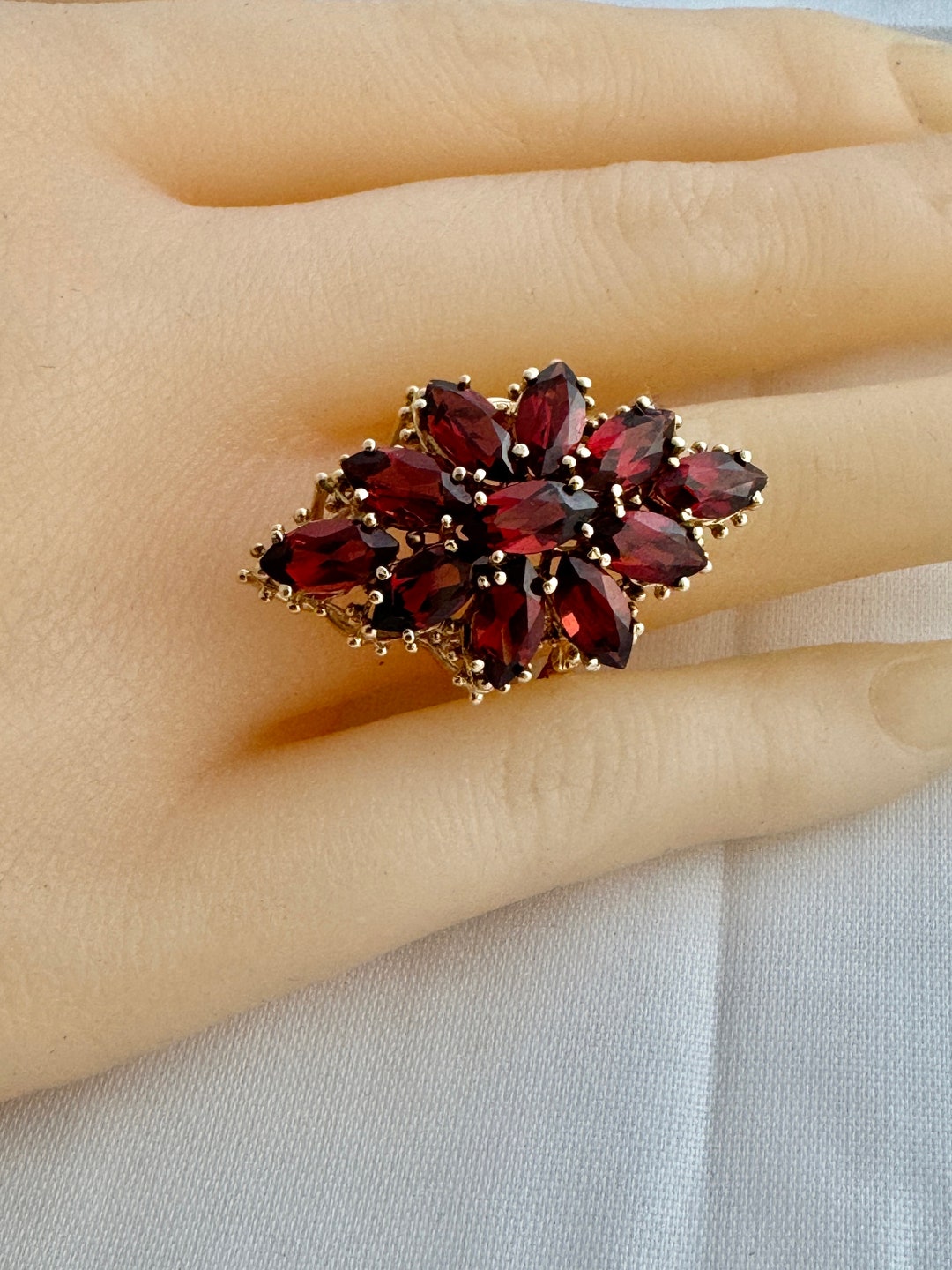 10K Solid Gold 11 Garnets 7+ctw Faceted Marquise Gemstone Ring Branch ...