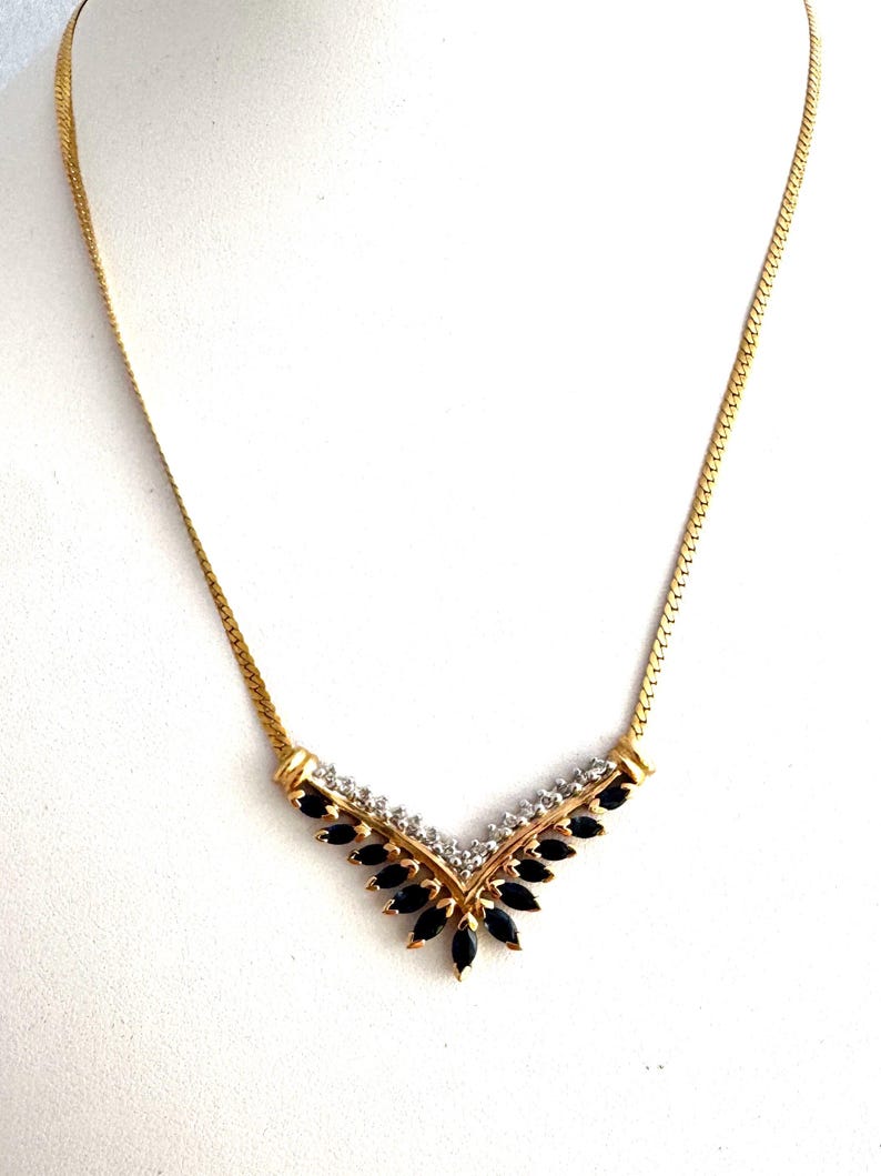 10K Solid Gold 17 Diamonds 13 Marquise Sapphires Gemstones Chevron ...
