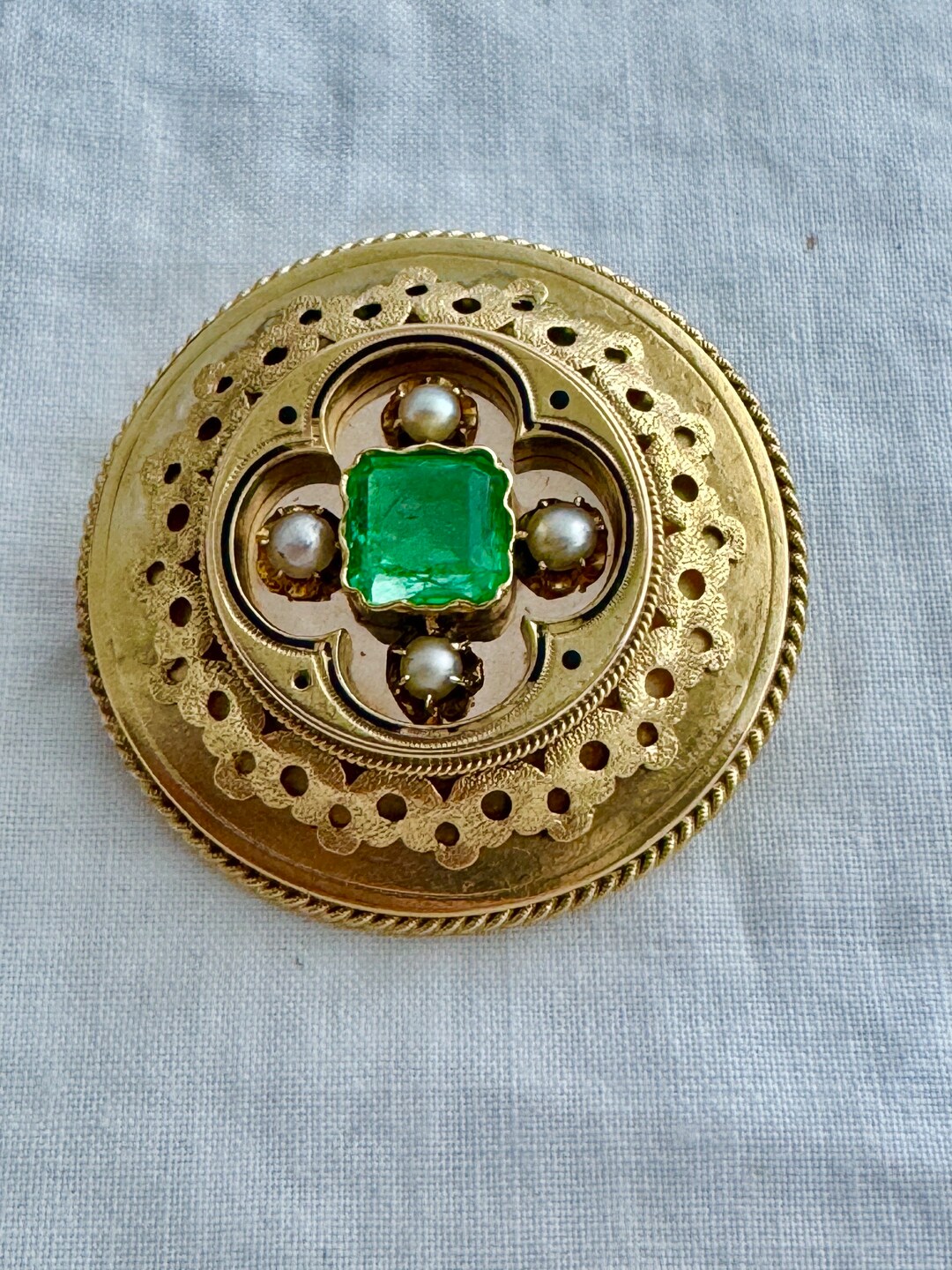 14K Solid Gold Mourning Genuine Emerald Cushion Cut Accent Pearls ...