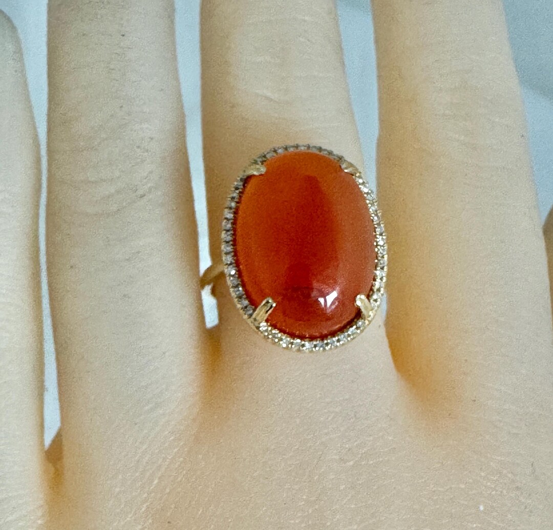 14K Solid Gold Red Jadeite Gemstone Oval Cabochon Moissanite Diamonds ...