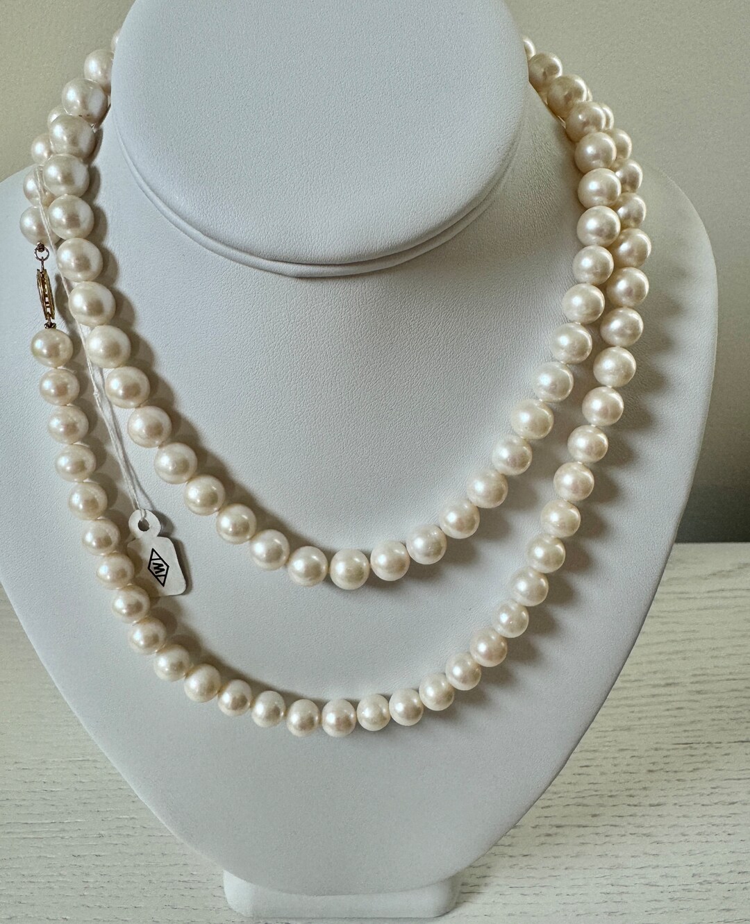 14K Gold 36” Length Cultured White Pearls Hand Knotted Necklace 9.0mm ...