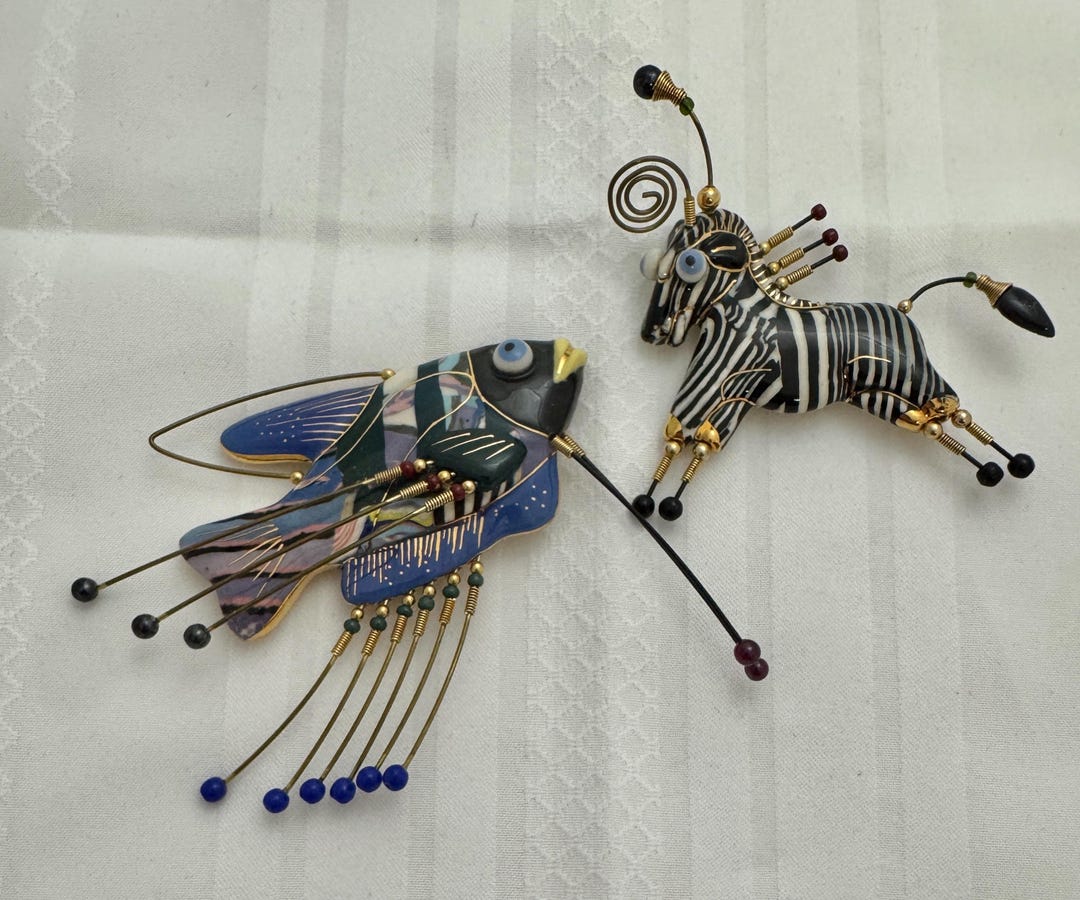 Cynthia Chuang Cricket Zebra Whimsical Blue Gold Enamel Fish Artisan ...