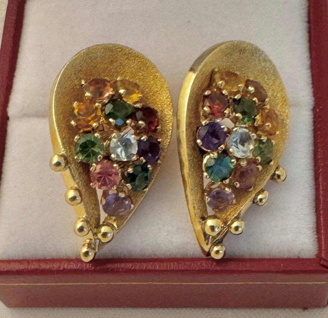 18K Solid Gold Exquisite Heirloom Multi Color 22 Gemstone Concave ...