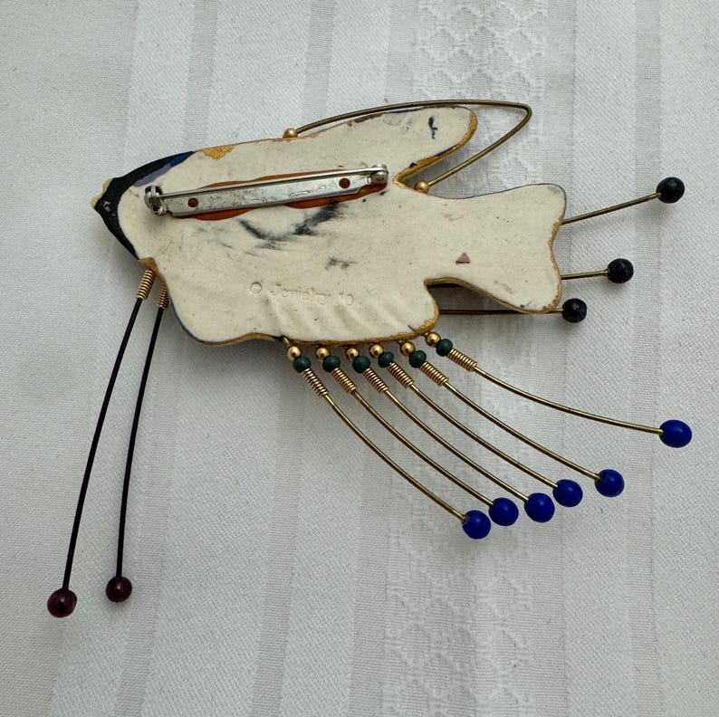 Cynthia Chuang Cricket Zebra Whimsical Blue Gold Enamel Fish Artisan ...