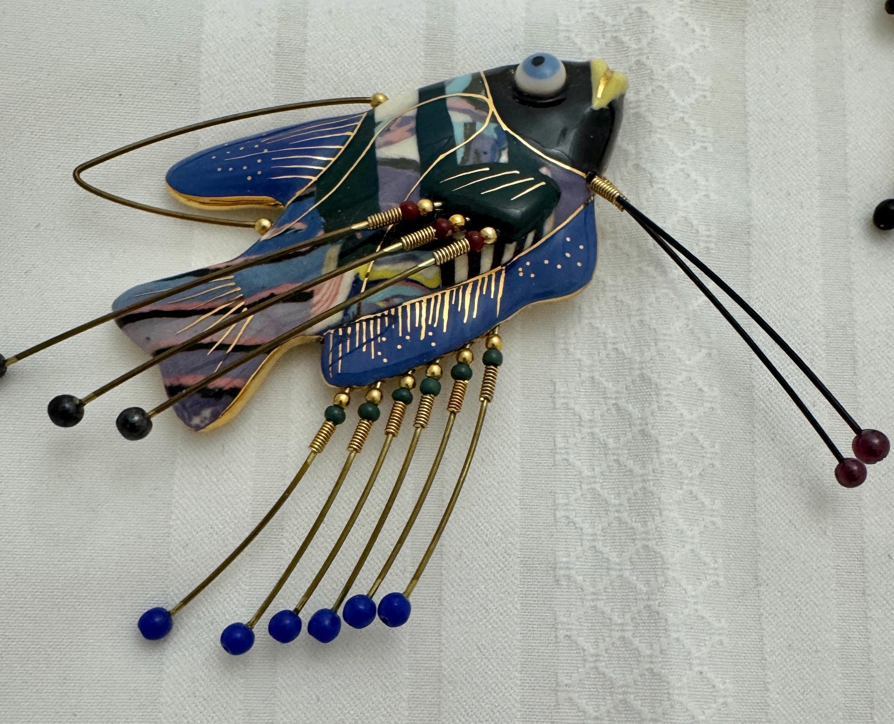Cynthia Chuang Cricket Zebra Whimsical Blue Gold Enamel Fish Artisan ...