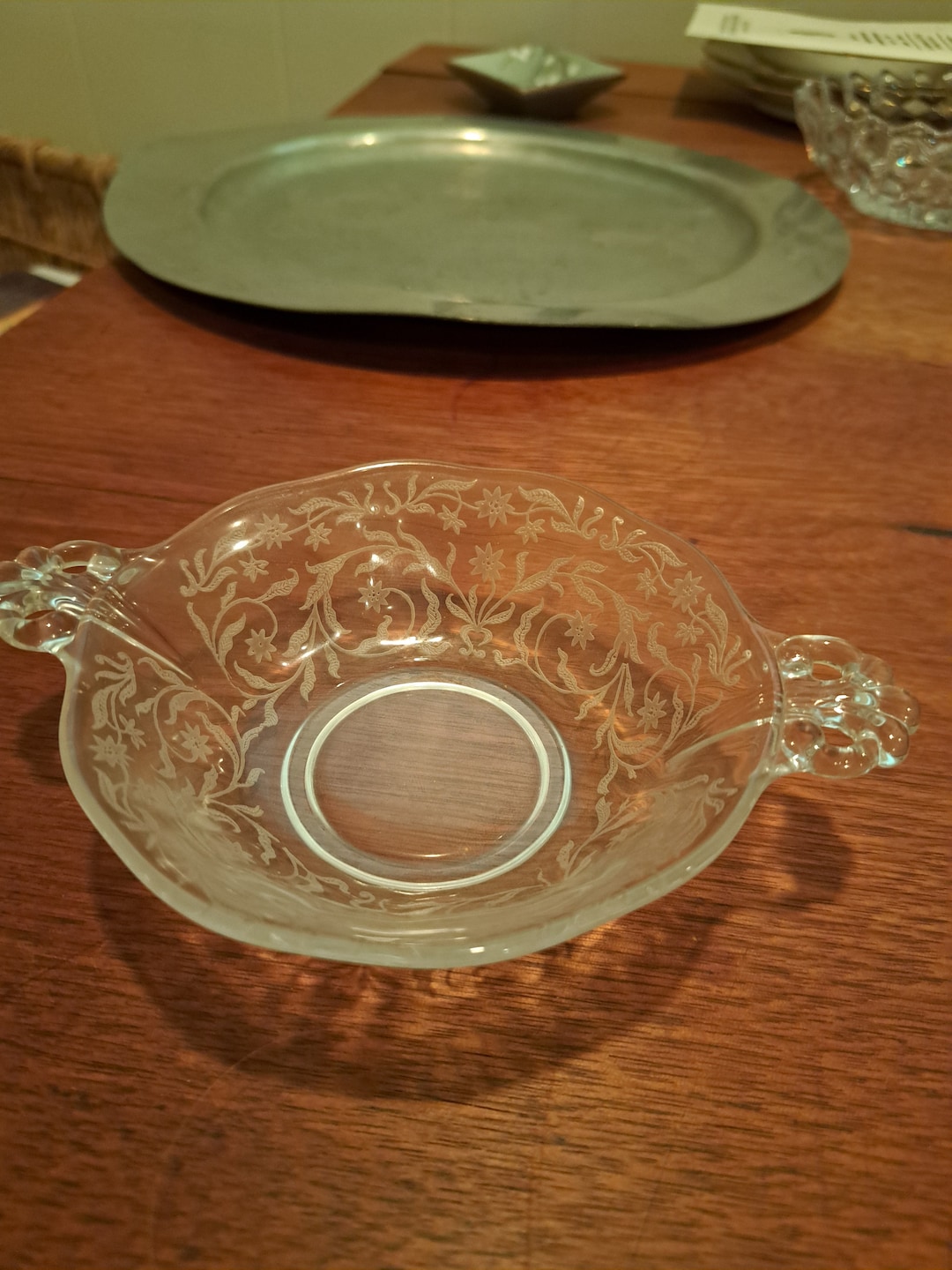 Vintage Cambridge Glass Chantilly Etched Two Handled Bowl, Vintage ...
