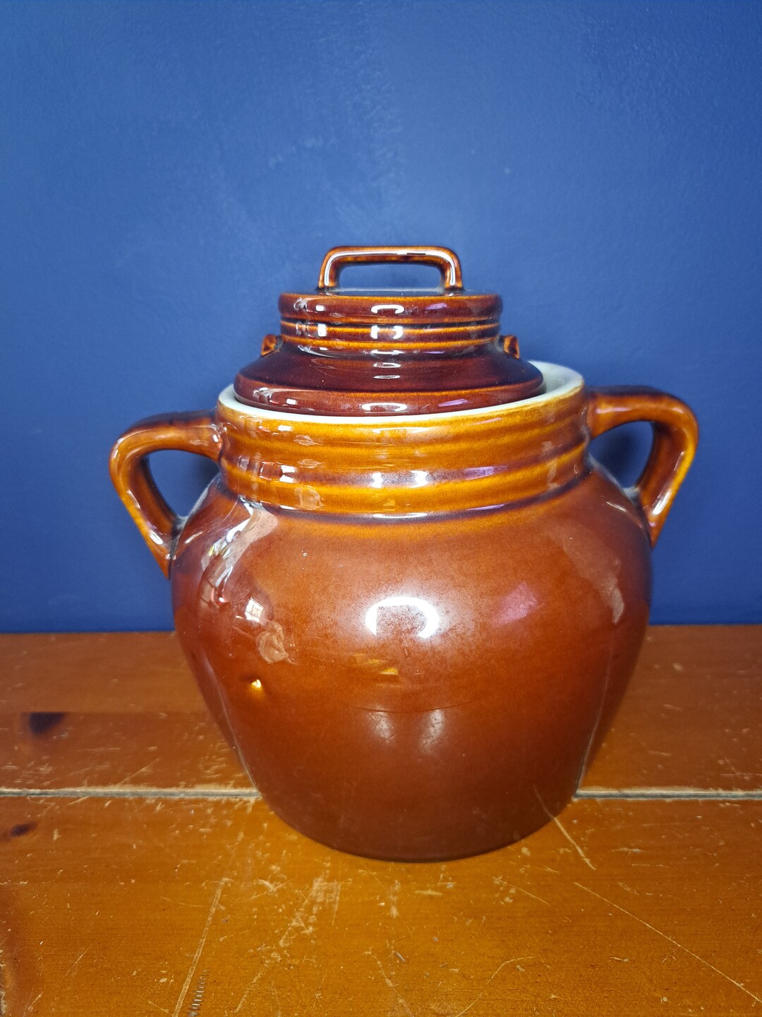 Vintage Brown Bean Pot With Two Handles and Lid, Stamped Hall 785, MCM ...