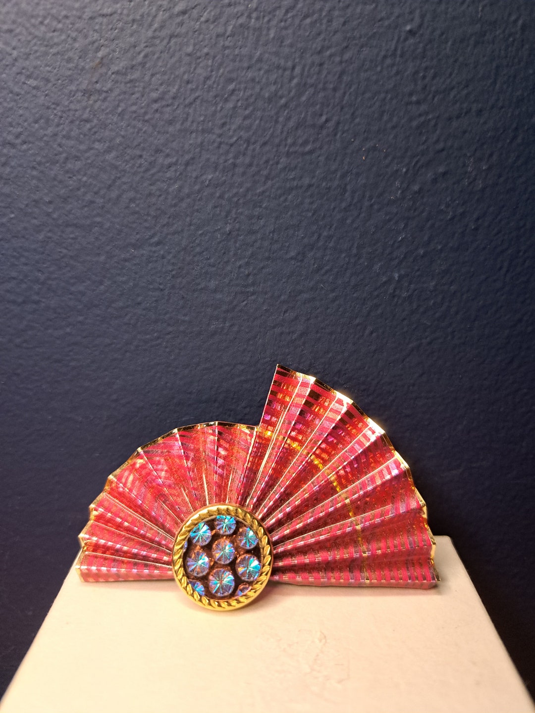 Vintage Recycled Paper Brooch, Small Lacquered Fan Shaped Brooch Signed ...