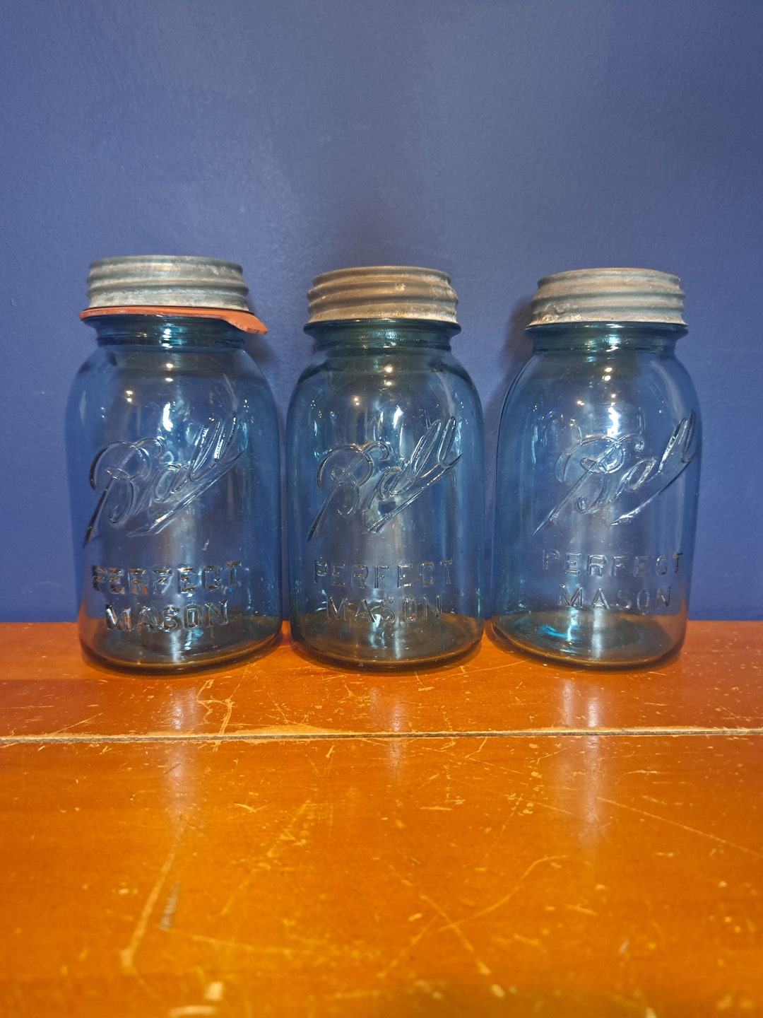 Vintage Blue Ball Mason Jars, Set of Three Blue Ball Mason Jars, Blue ...