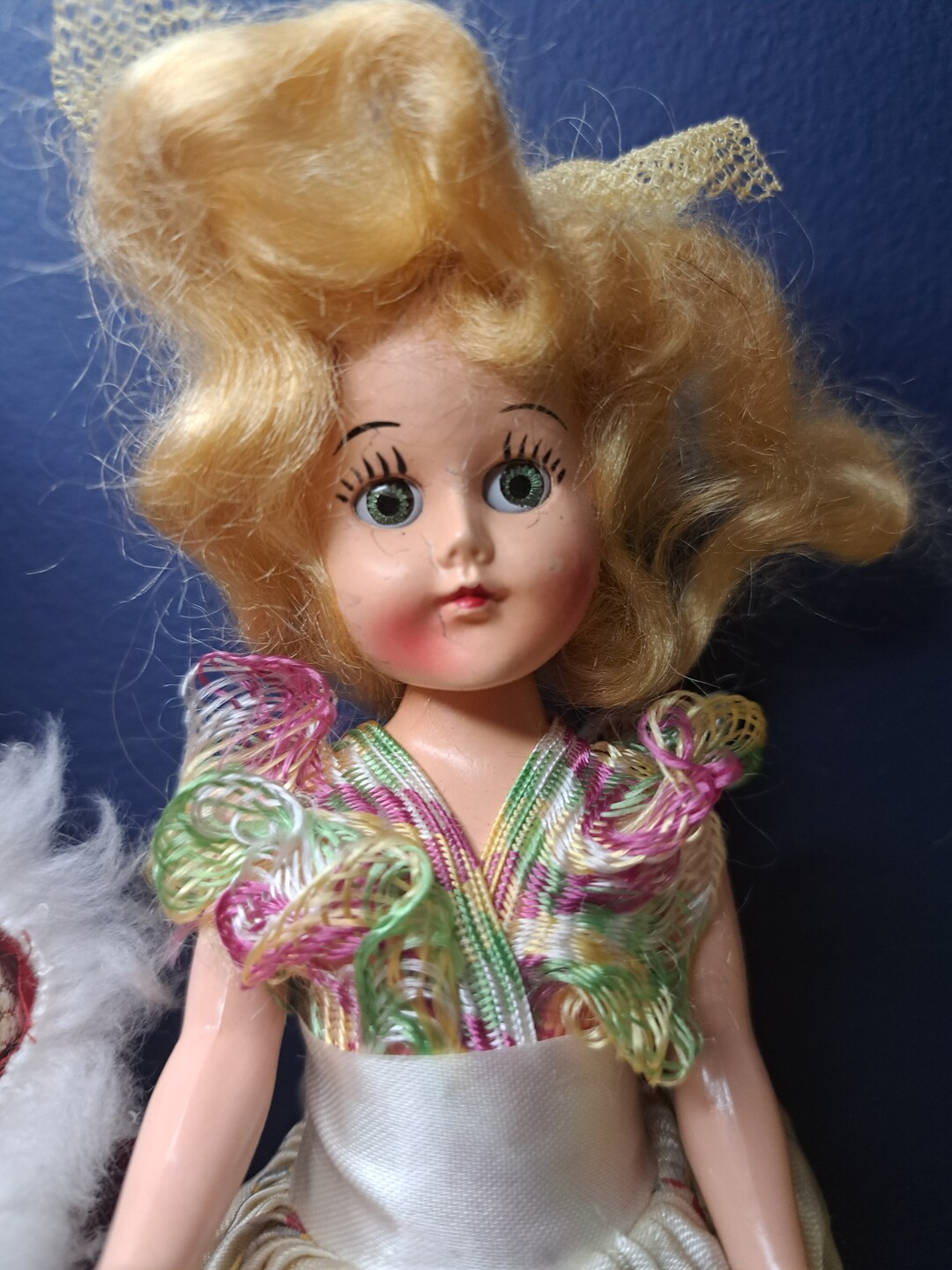 Vintage Hard Plastic Doll Wearing Canasta Dress, Blonde Hair, Sleepy ...