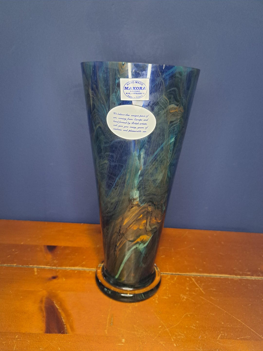 Vintage Makora Krosno Large Blue Glass Vase, Vintage Makora Vase in ...