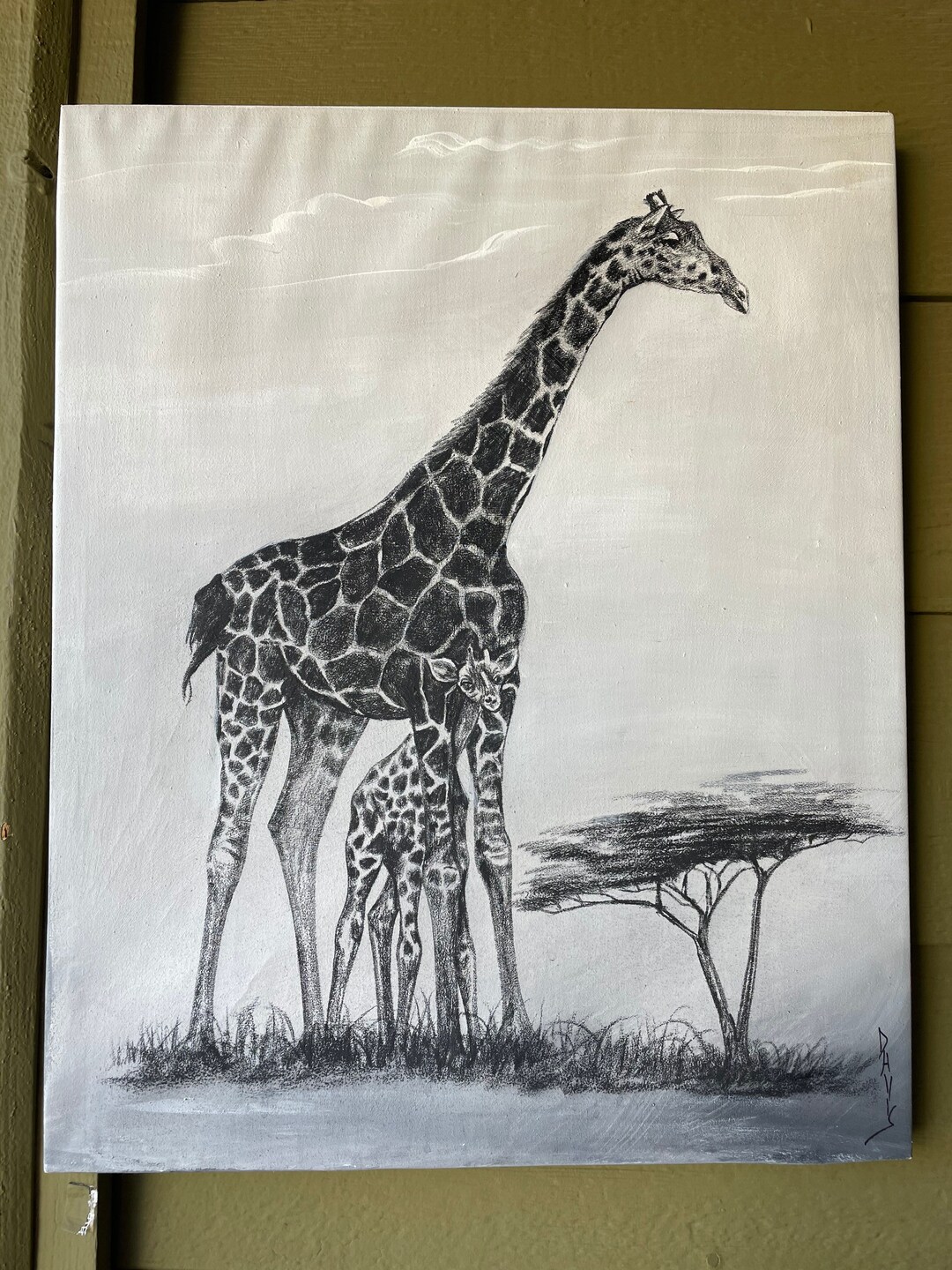 Original Charcoal and Acrylic Painting - Giraffe Mom and Baby - by ...