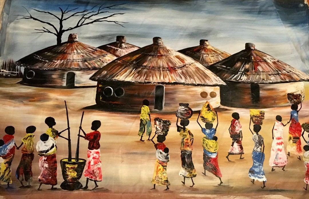 Original African Painting - Village Scene - 30"x45" - by Davis Muwumba ...