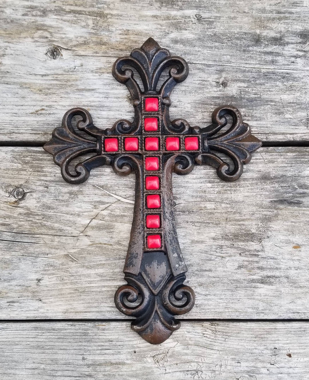 Wall Cross, Cast Iron Cross, Ornate Cross, Ruby Red, Jeweled Cross ...
