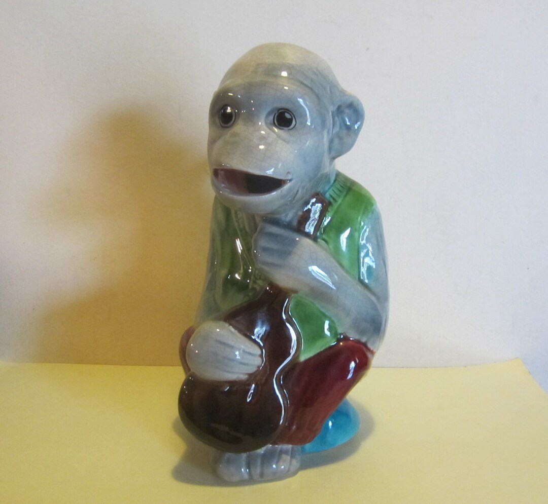 Antique French Pitcher, Jug, Monkey With Guitar, in Barbotine Faience ...