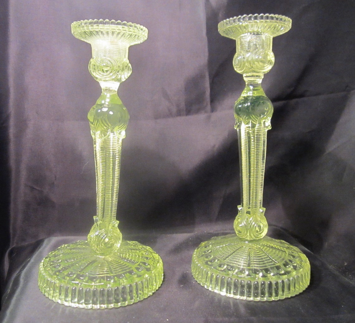 2 Antique Vaseline Uranium Glass Candle Sticks, Candle Holders, Ca 1920 ...