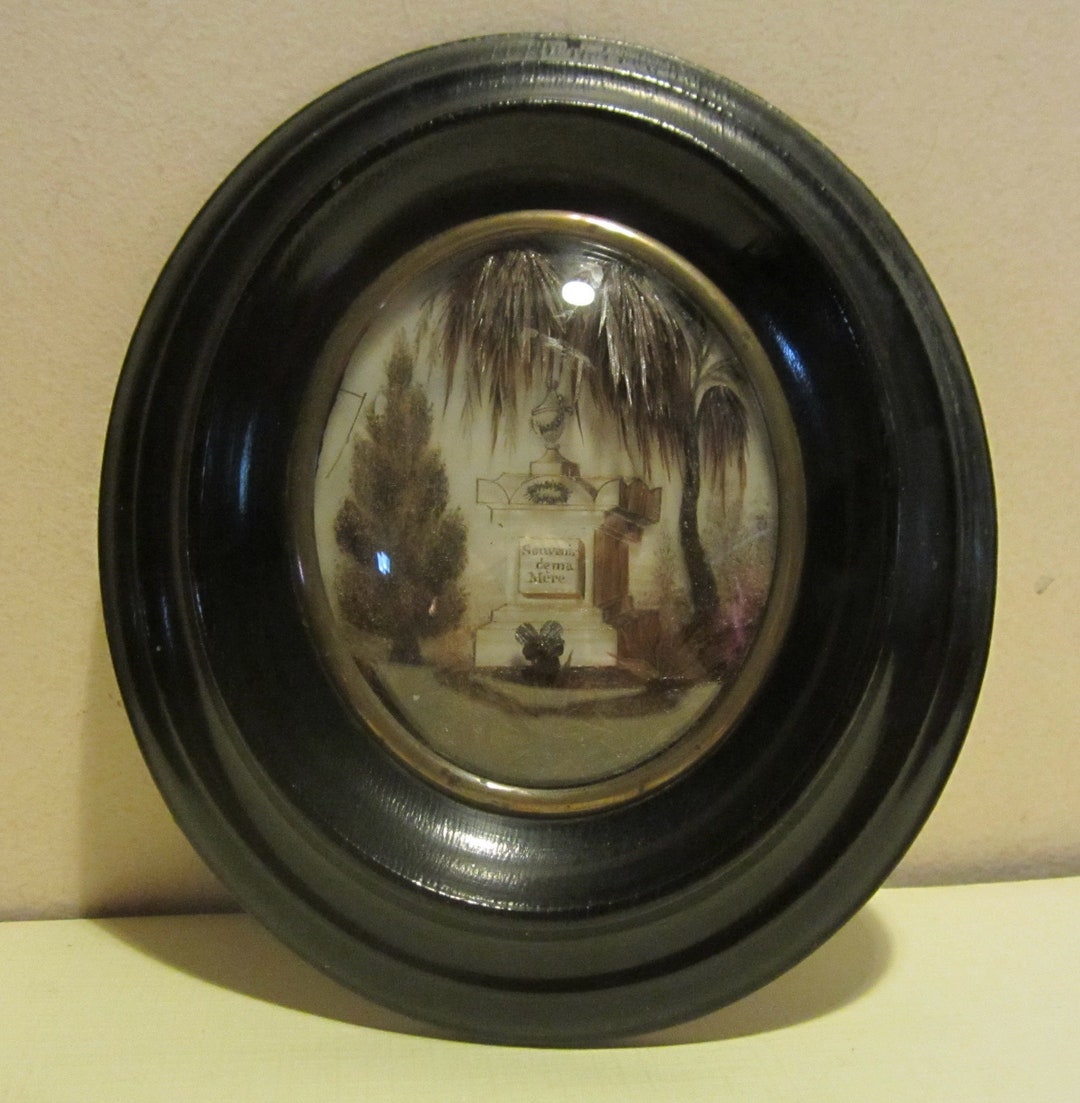 Antique Memento Mori, Framed Miniature With Hair Work Cemetary Scene ...