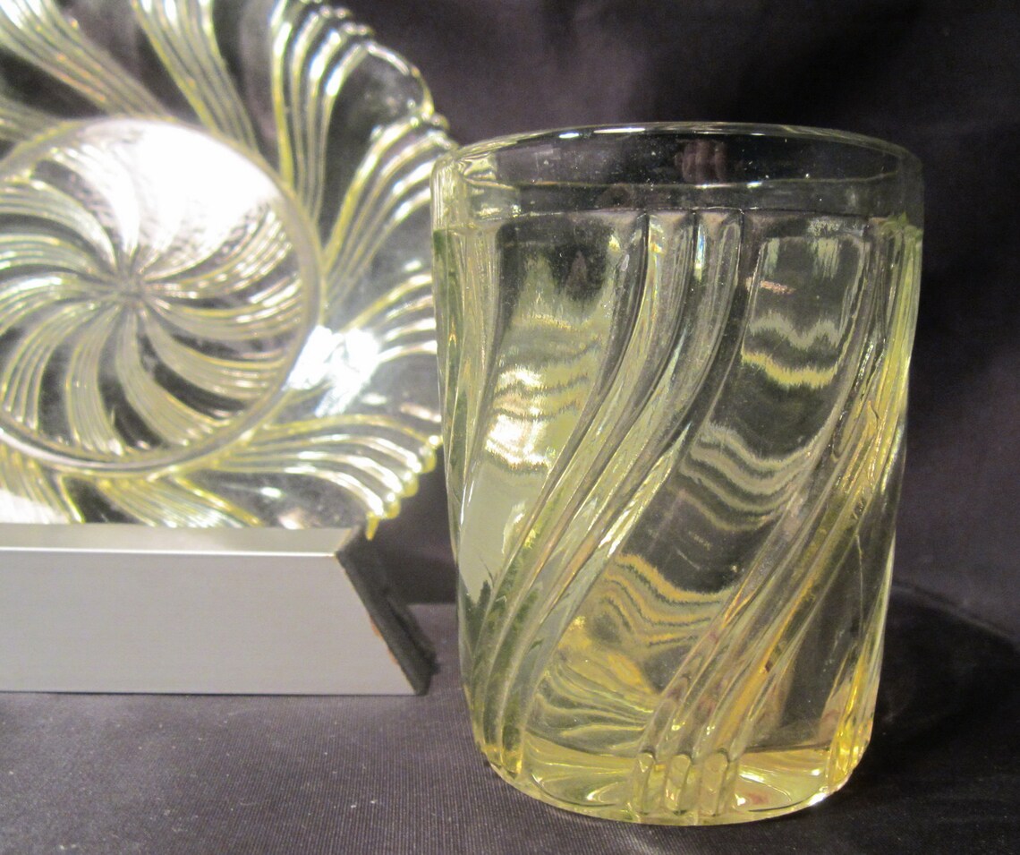 2 Antique BACCARAT Vaseline Uranium Glass Tumbler and Saucer, Rare Ca ...