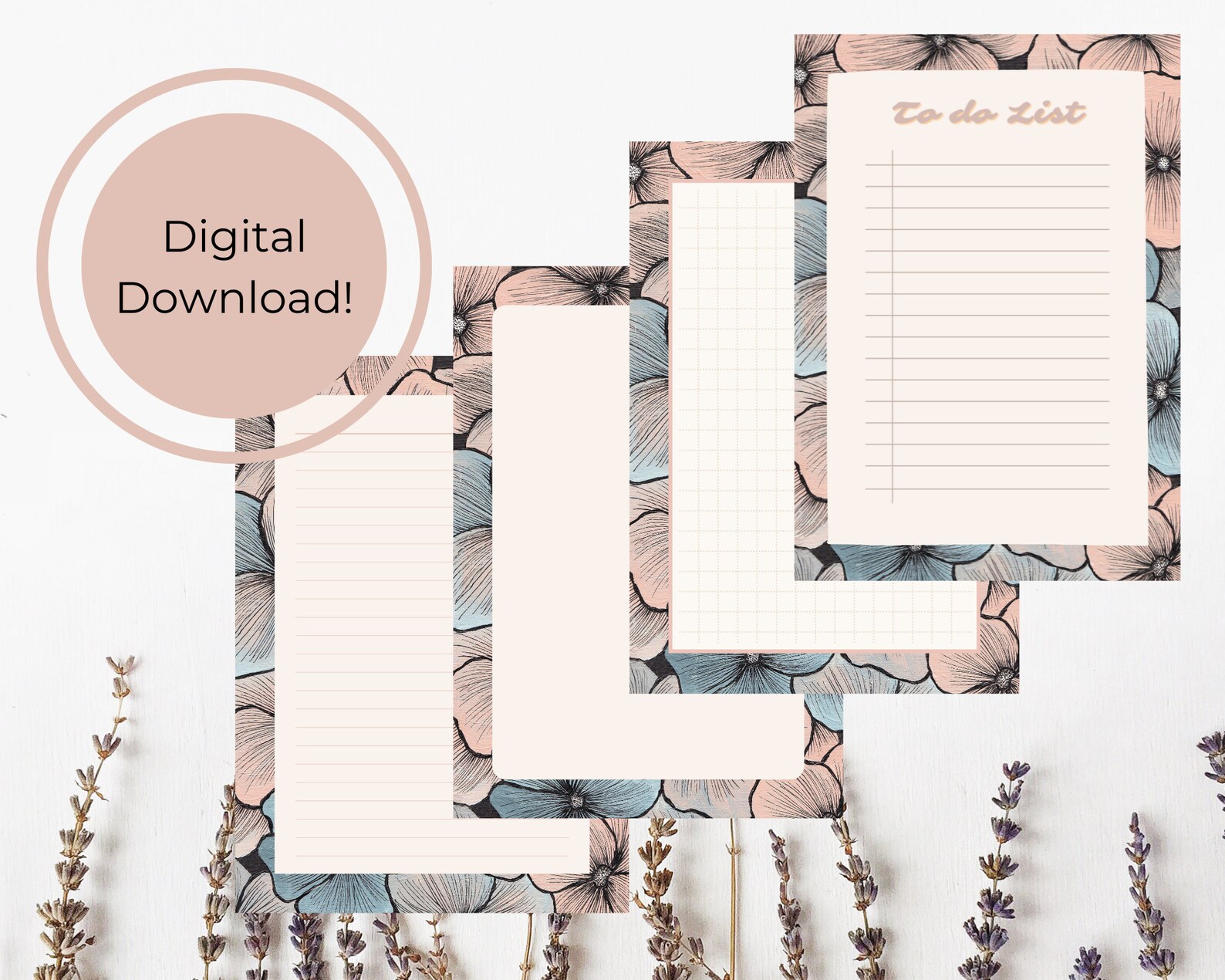 Hydrangea Floral Stationary Pages | Digital Download | Lined, Grid, to ...