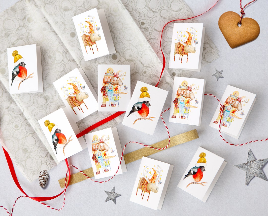 DIGITAL DOWNLOAD Mini Christmas Card Set of 3 ,note Cards Deer, Bird ...