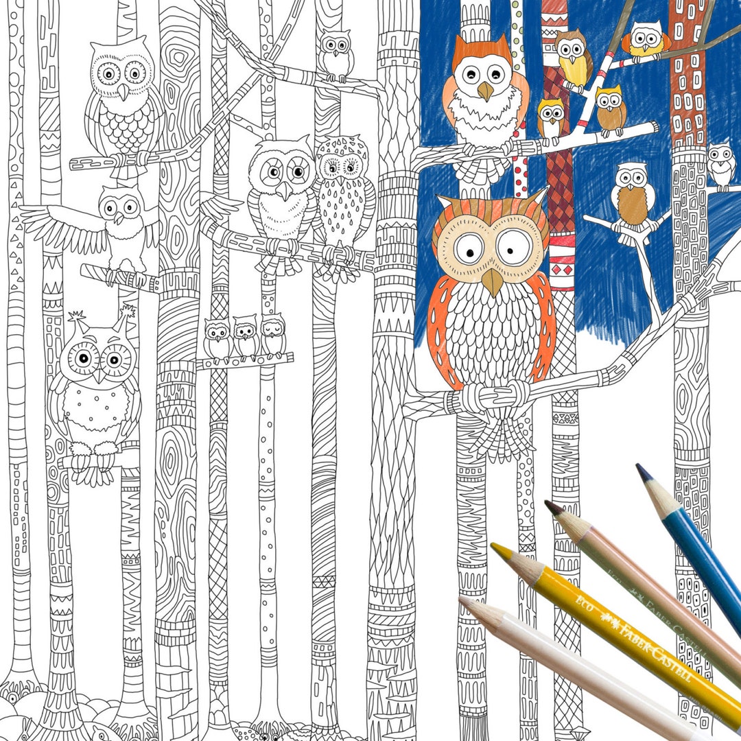Coloring Pages, INSTANT Download, Printable, Owls, Forest, Nature ...