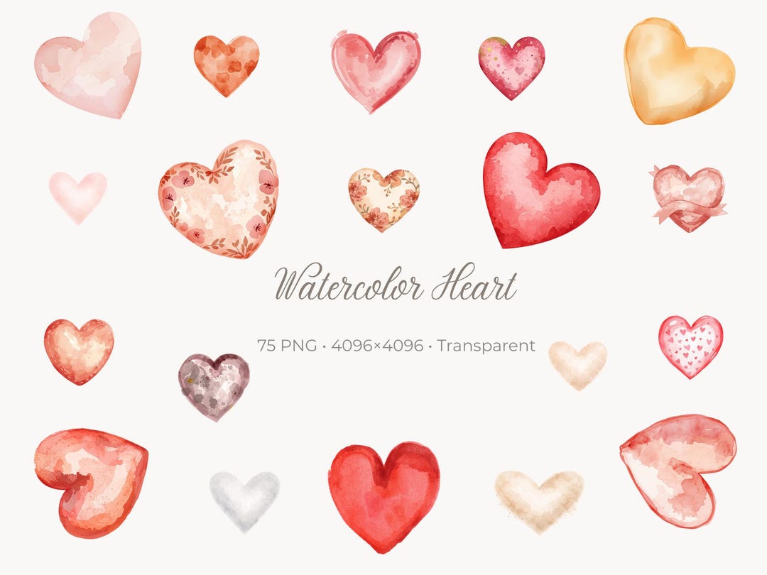 Watercolor Hearts Clipart Bundle, Hand-painted Love Graphics (PNG ...
