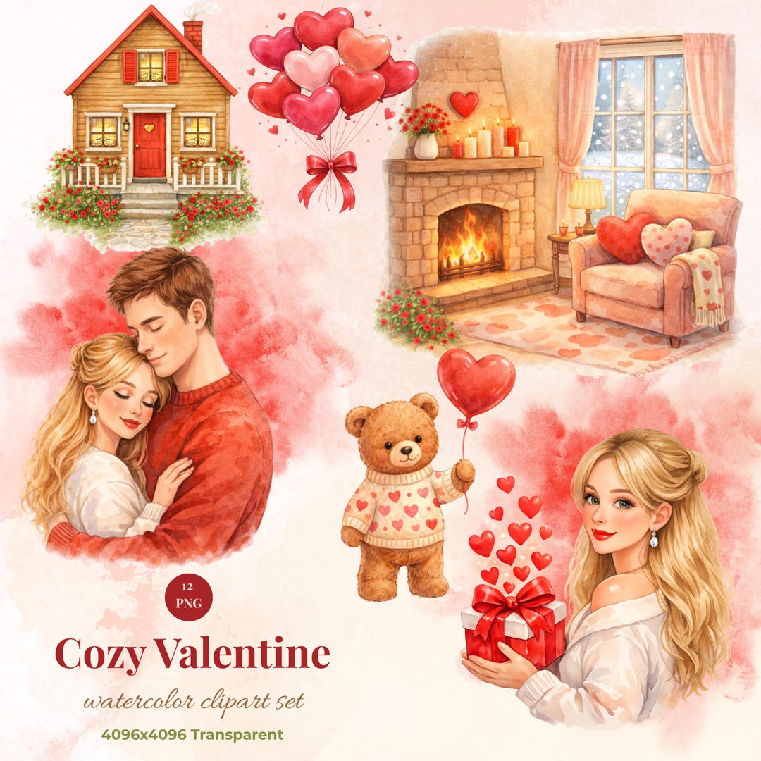 Cozy Valentine Watercolor Clipart Set | Romantic Love Illustrations ...