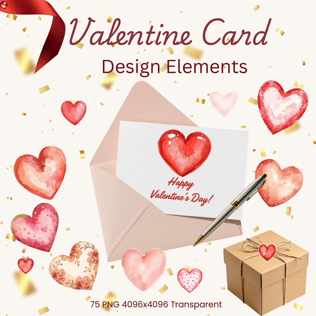 Watercolor Hearts Clipart Set – 75 PNG Valentine's Day Design Elements ...