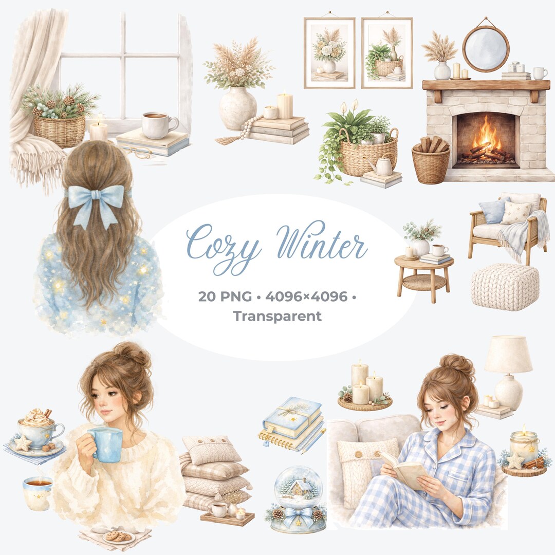 Watercolor Cozy Winter Clipart Bundle, Hygge Home Decor (20 PNG) - Etsy