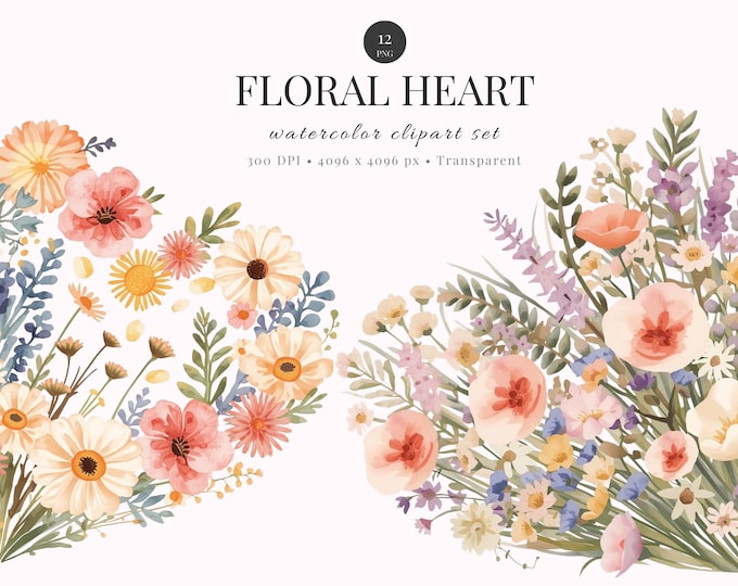 Emma Floral Heart Clipart & Vectors in Antique Peach - Orange Flowers ...