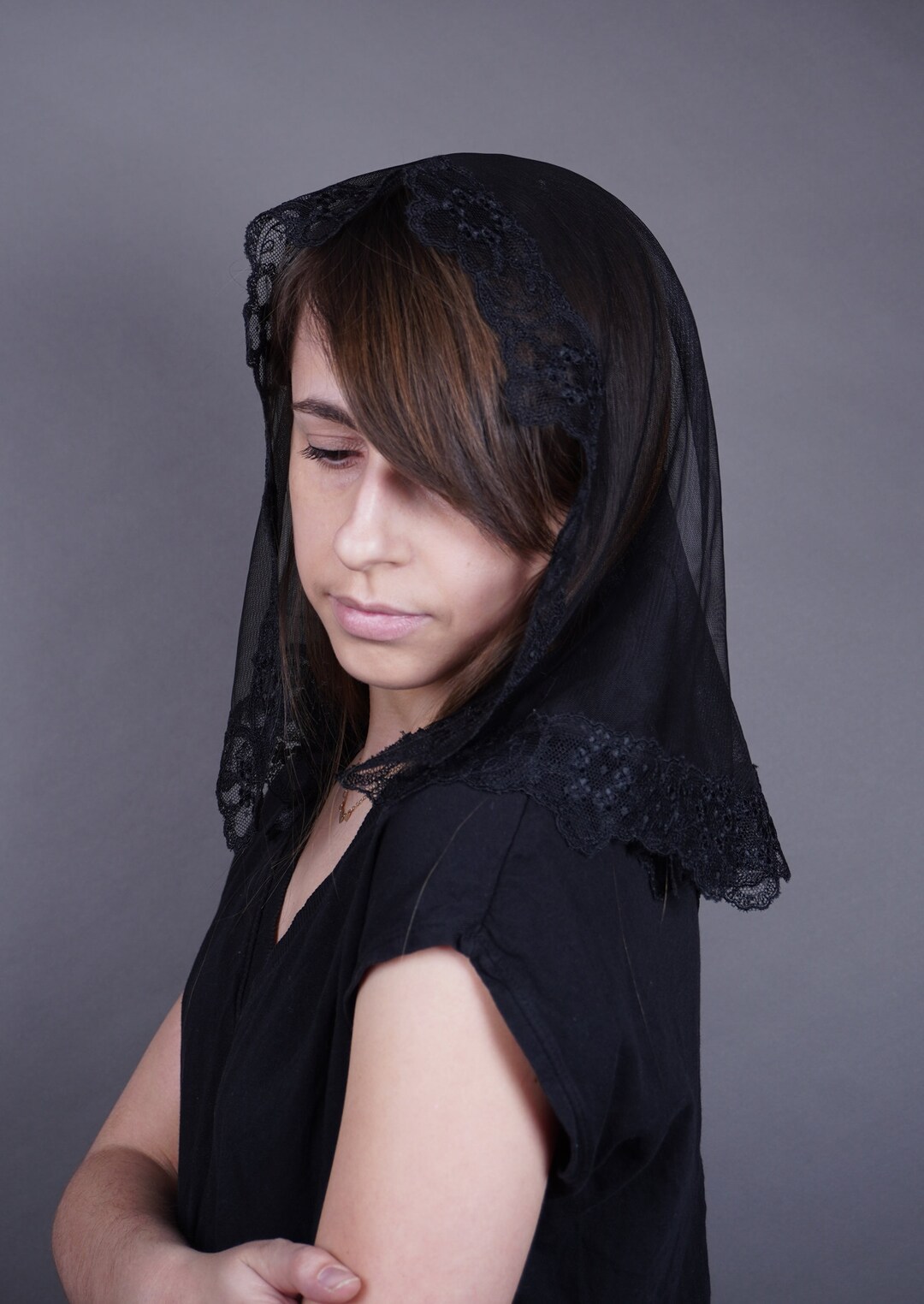 Elegant Black Mantilla, D-shape Tulle Chapel Veil, With Lace Trim, With ...