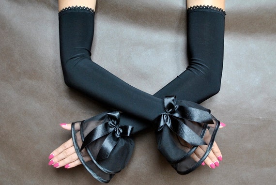 Elegant GOTHIC VAMPIRE Victorian Burlesque Evening Glamour Long GLOVES Armwarmers Black Fabric Guipure Tulle Fingerless Mittens prom Etsy UK