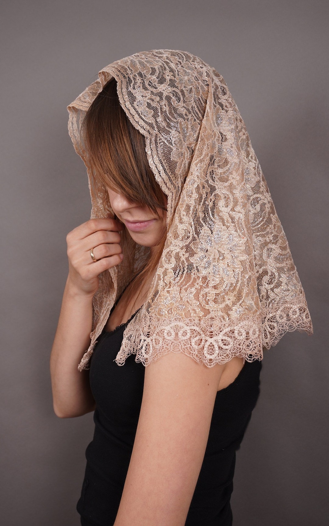 Elegant Gold Mantilla, D-shape Tulle Chapel Veil, With Lace Trim, With ...