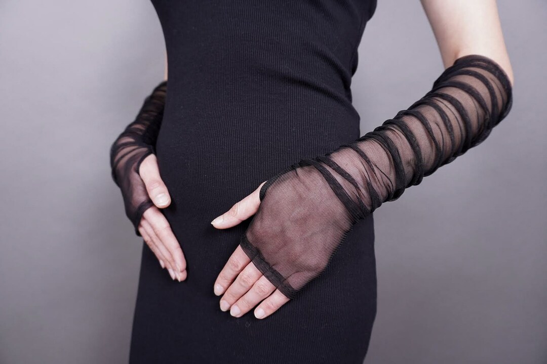 Elegant Glamour Evening GLOVES Black Tulle, Fingerless Mittens, Sleeves ...