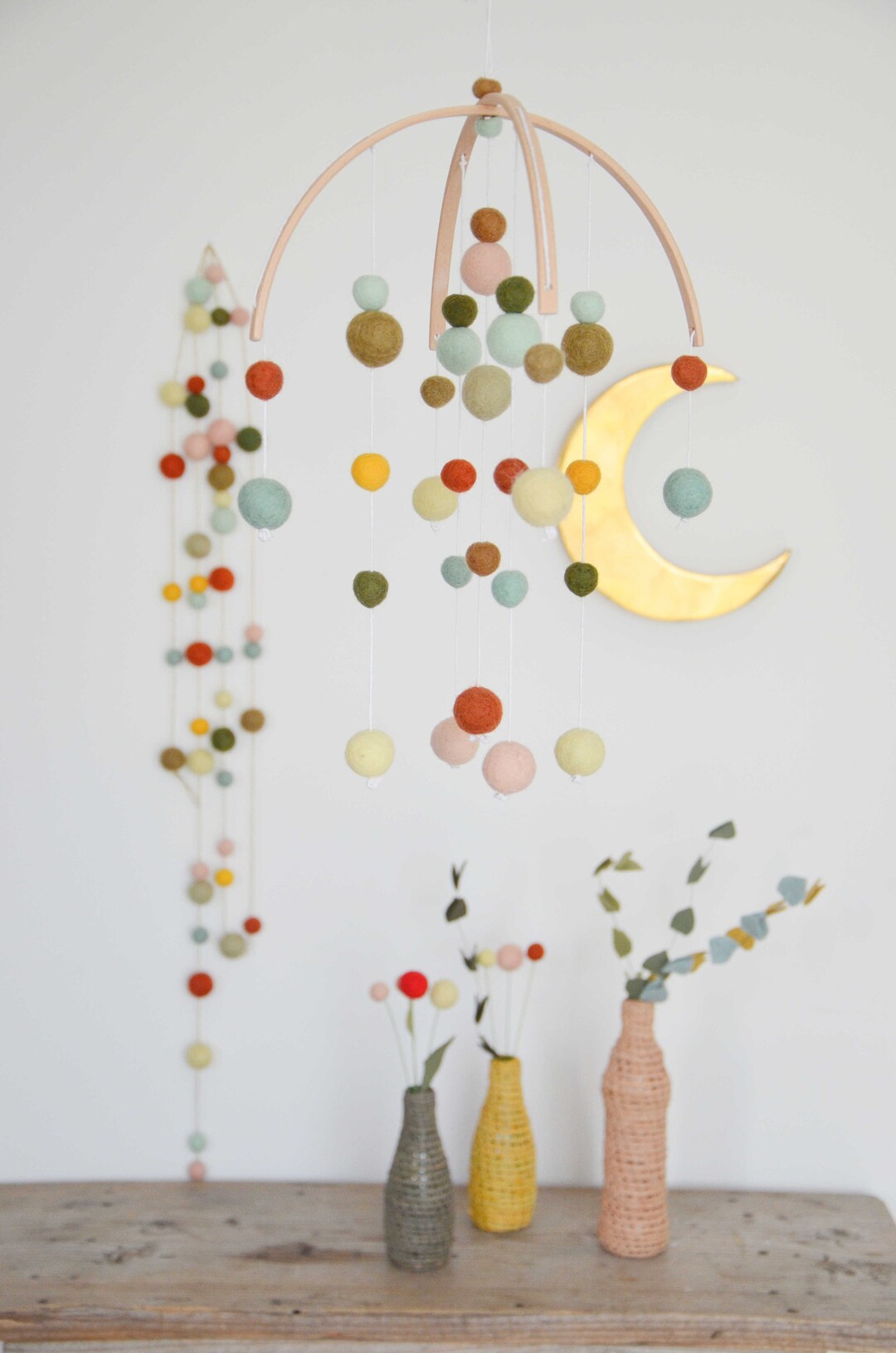 Colorful Wooden Suspension With Mint Rust Pastel Yellow Felt Balls for ...