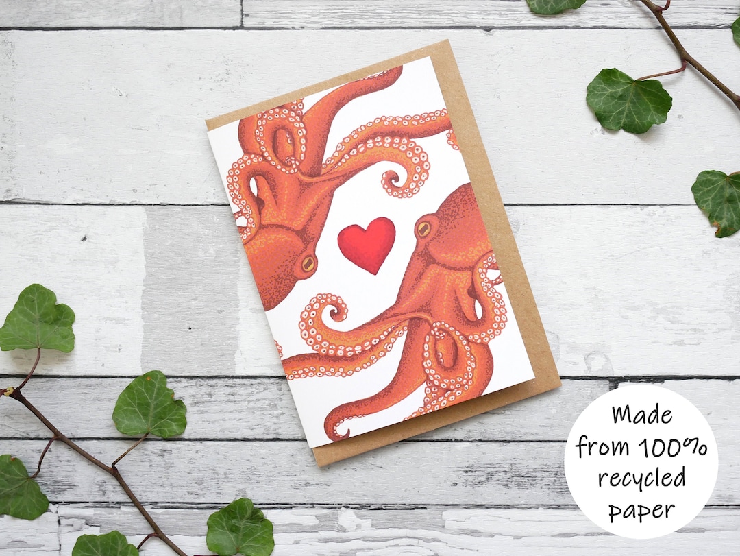 Illustrated Valentine's Day Octopuses Card 100% Recycled - Etsy
